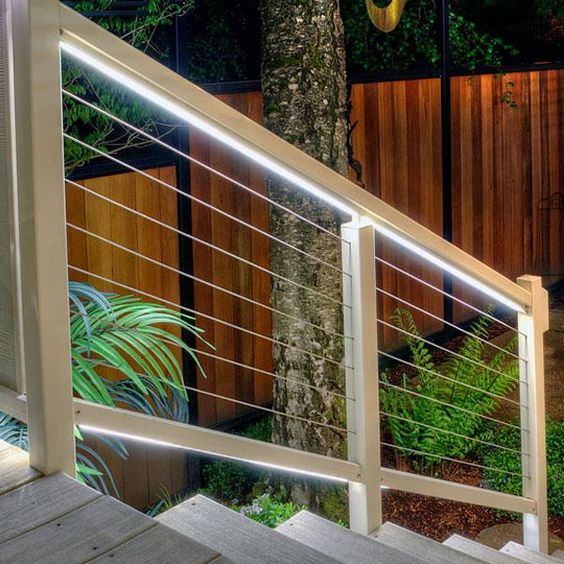Contemporary Style Exterior Balcony Cable Wire Railing With LED Lights ...
